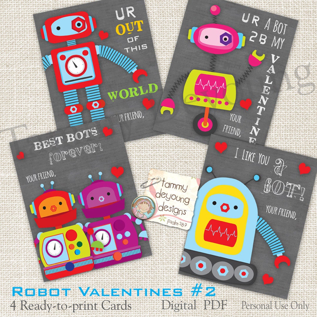 Robot 2 Valentines Cards for Kids * Boys Valentines * DIY Printable ...