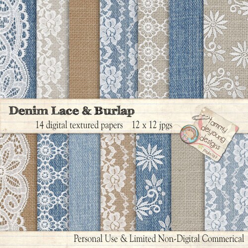 Burlap and Lace Digital Papers denim Lace and Burlap for - Etsy