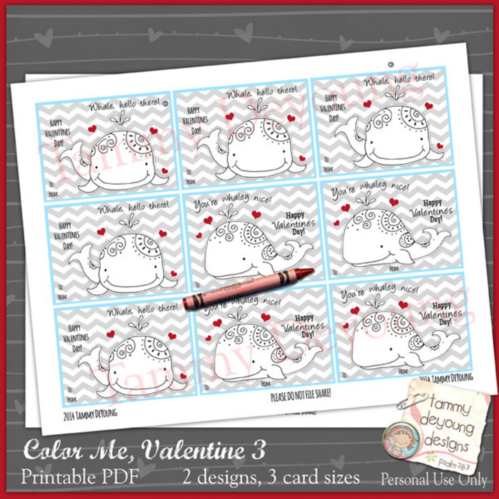 Coloring Valentine Cards for Kids Whale Valentines Day Tags - Etsy