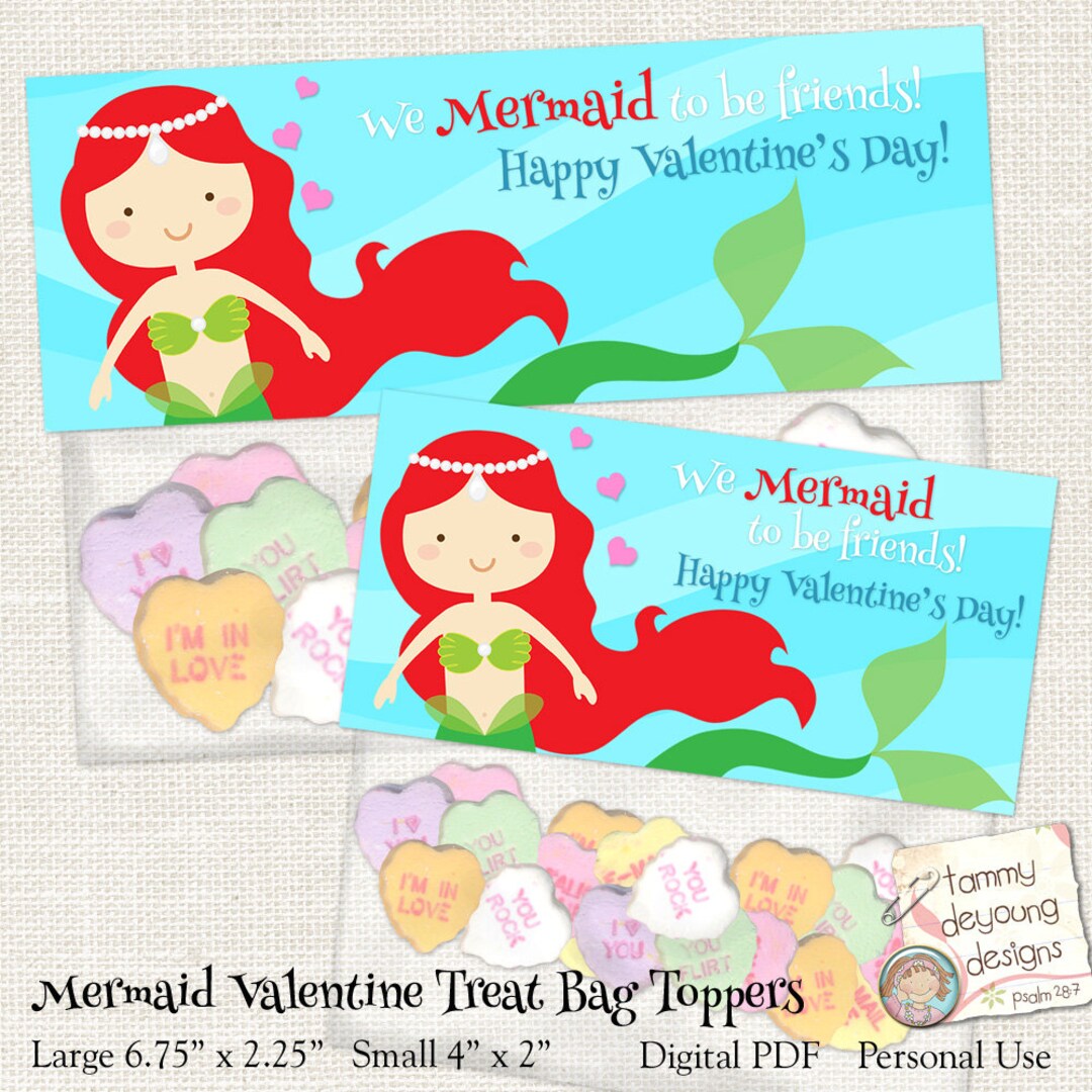 Mermaid Valentines Treat Bag Toppers for Kids, Girls Valentine Party ...