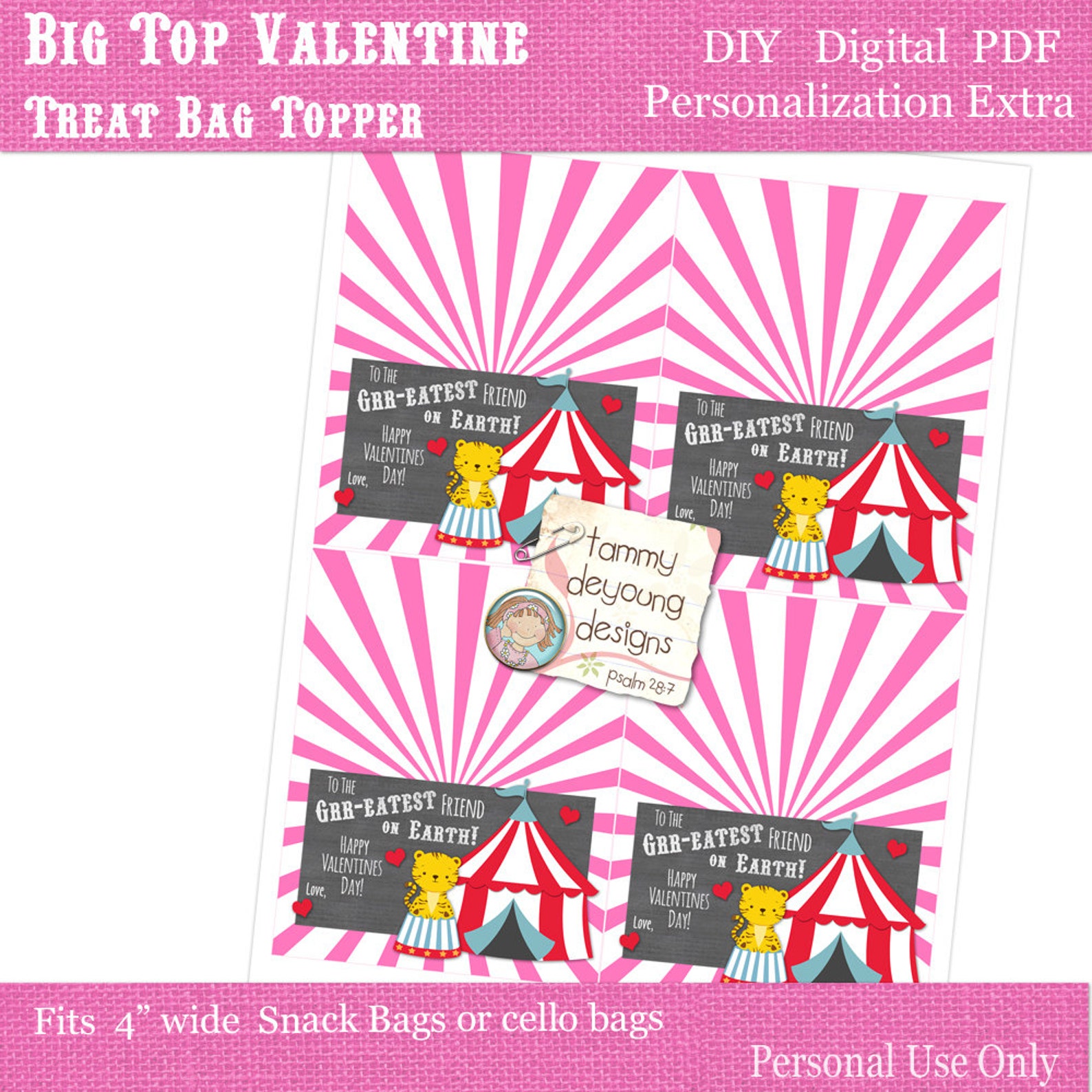 Circus Valentine Card Treat Bag Topper for Kids, Pink Printable Circus ...
