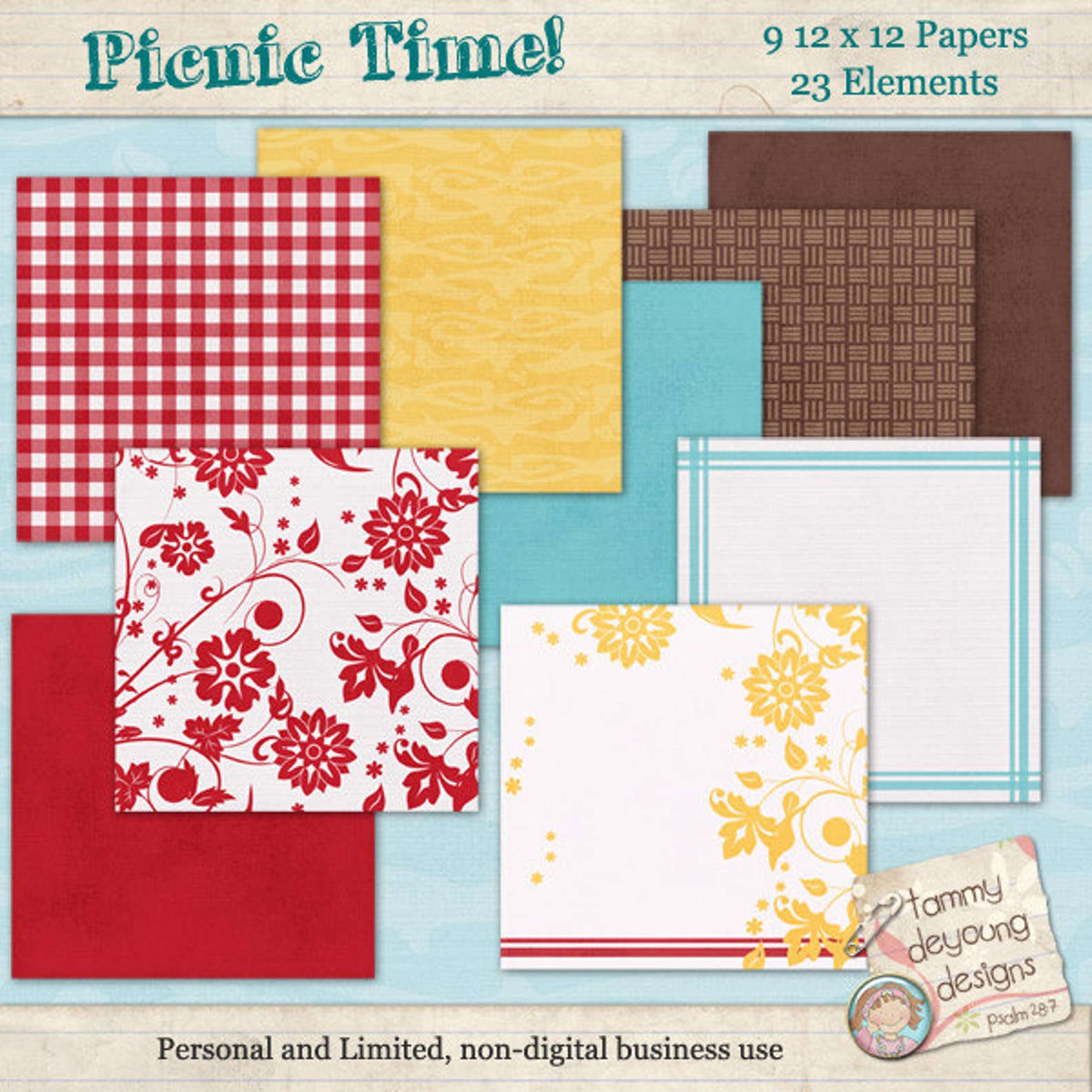 Picnic Digital Paper Scrapbook Kit, Picnic Clipart and Retro Vintage ...