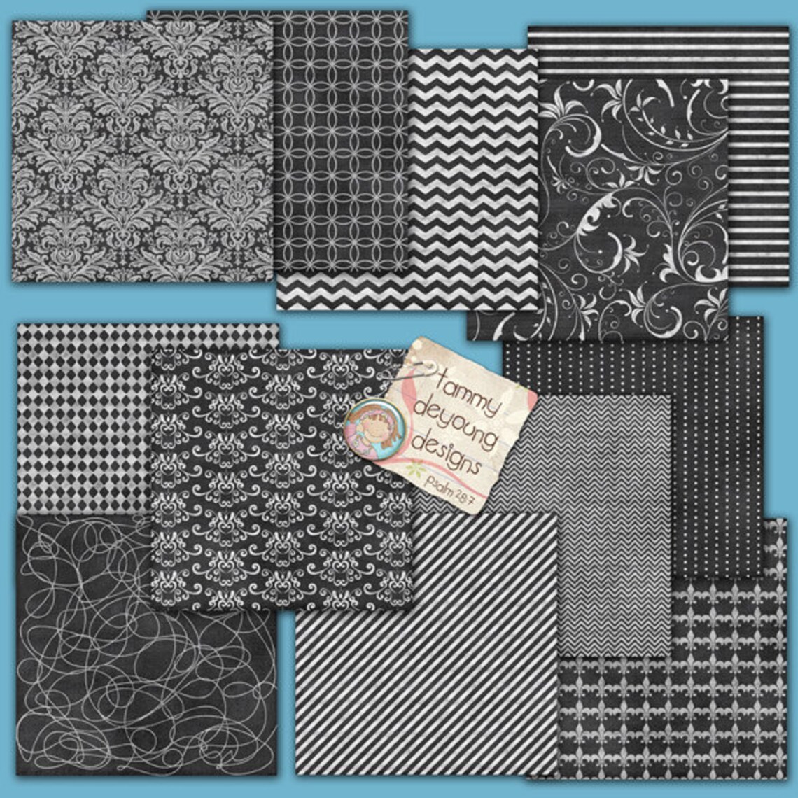 Digital Chalkboard Papers, Black and White Patterns, Damask, Fleur De ...