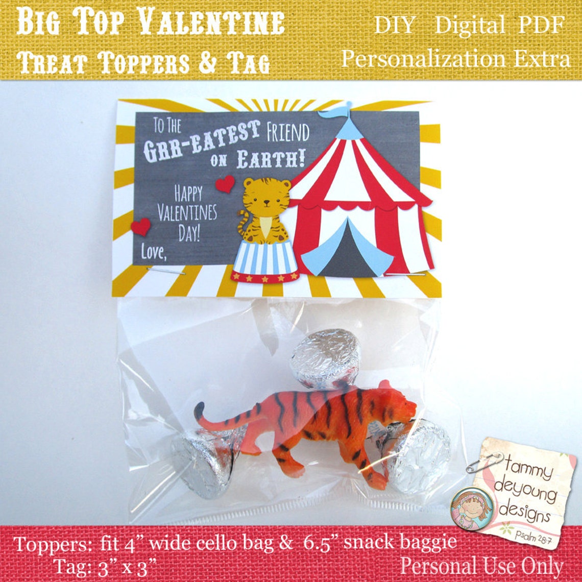 Circus Valentines for Kids, Valentine Tag & Treat Bag Toppers ...