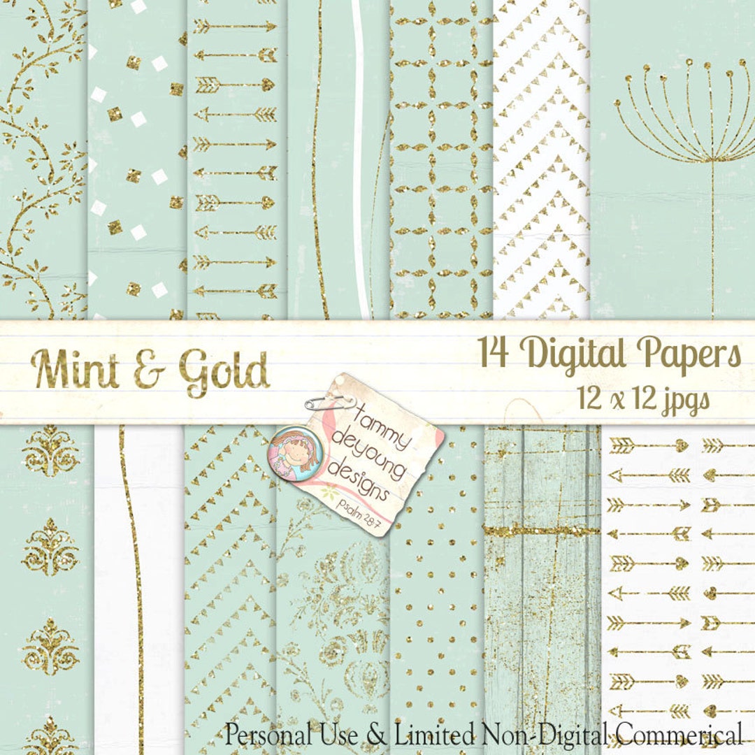 Mint & Gold Glitter Wedding Digital Papers Green With Arrows ...
