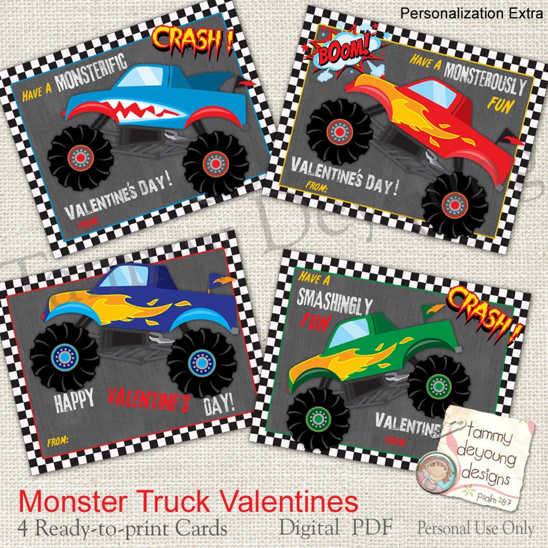 Monster Truck Valentine Cards for Kids, Boys Valentines, School ...