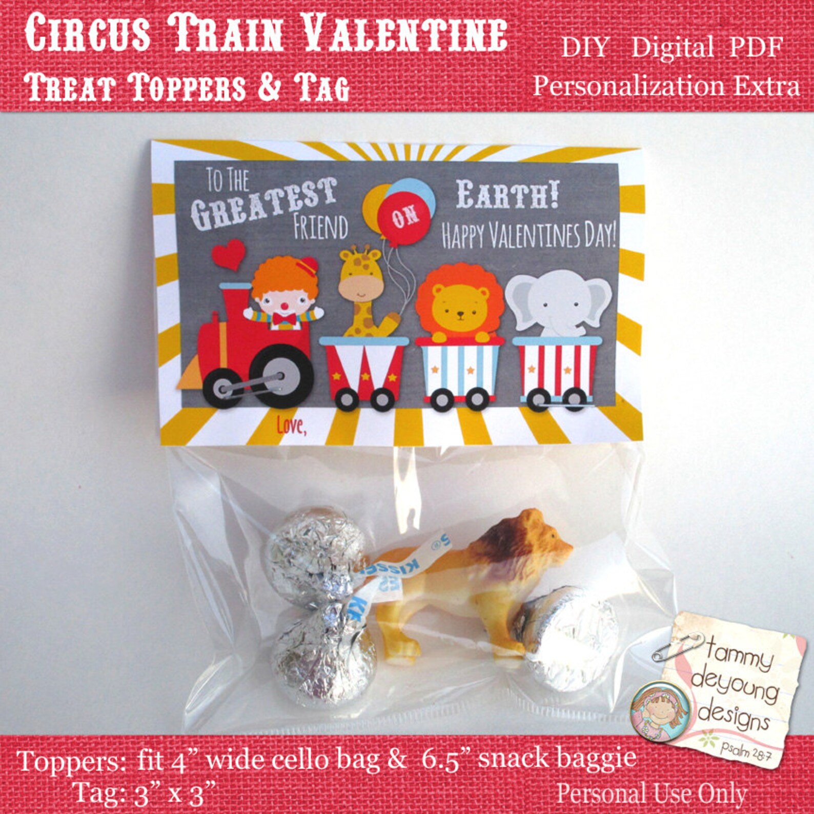 Circus Valentine Treat Bag Toppers & Tag, Train Valentine, Animal ...