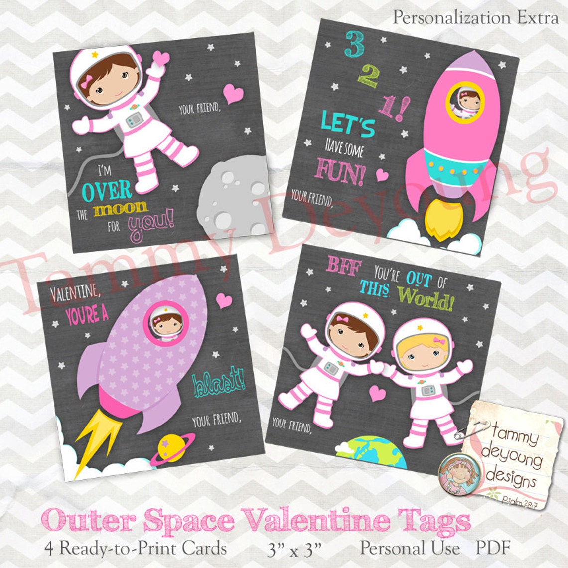 Outer Space Valentine Tags for Girls, Kids Valentine Day Tags, DIY ...