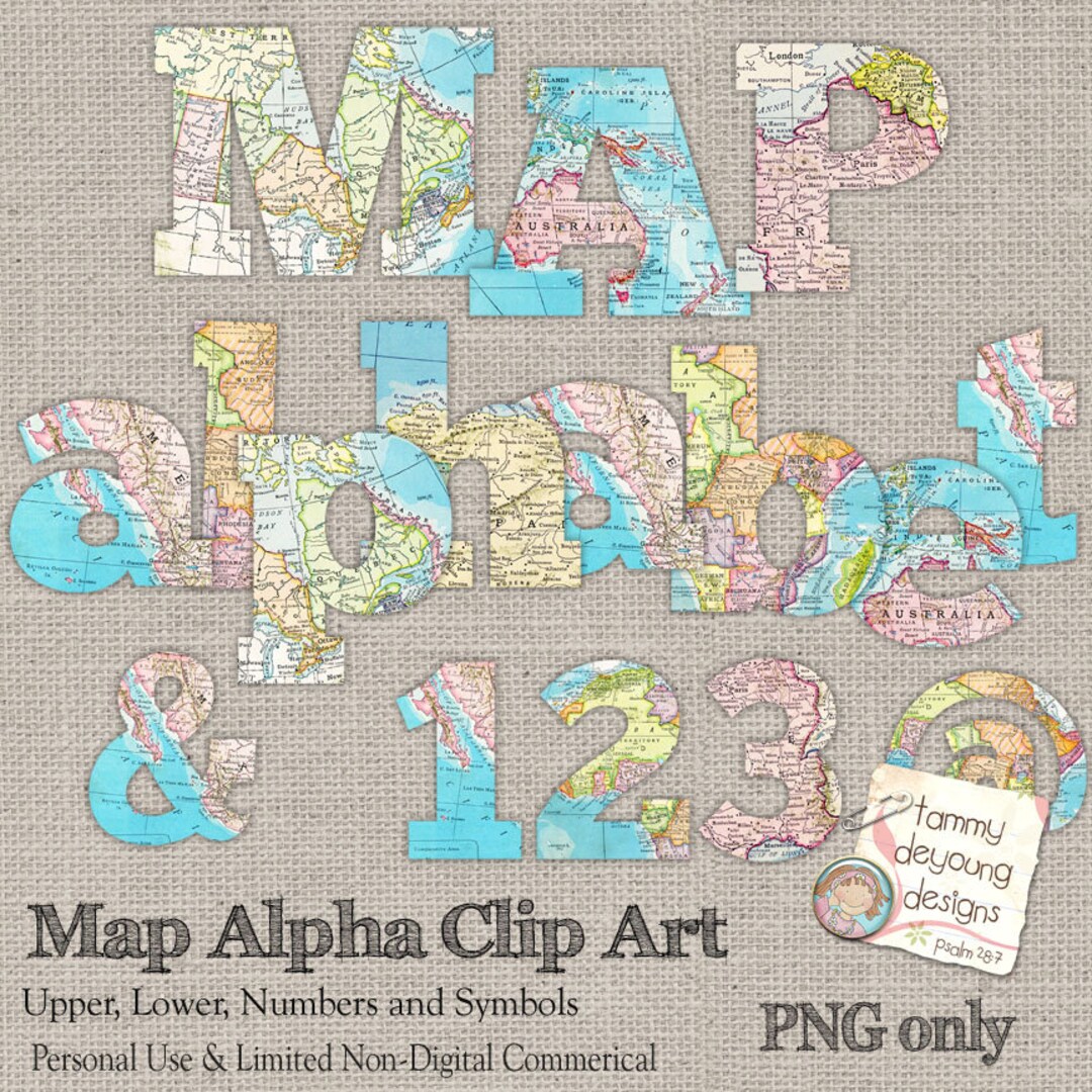 Map Letters Clip Art, World Map Digital Alphabet Letters Numbers ...