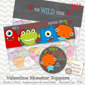 Monster Valentine Treat Bag Toppers & Tag * Valentines for Kids * Boys ...