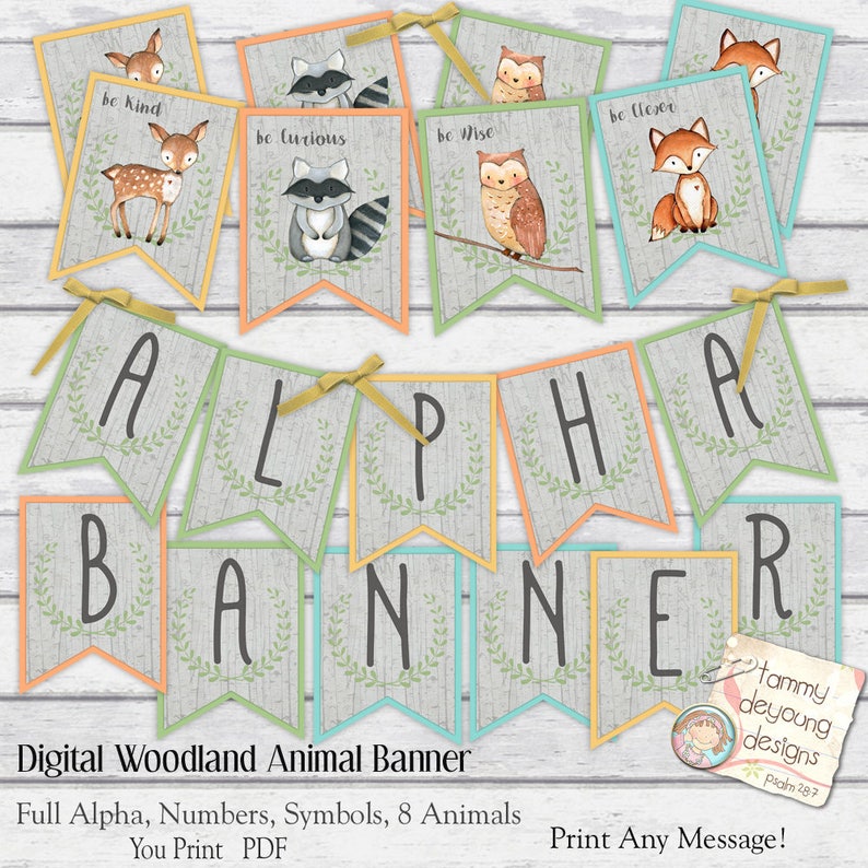 Woodland Animal Banner, Digital Alphabet Garland Woodland Baby Shower ...