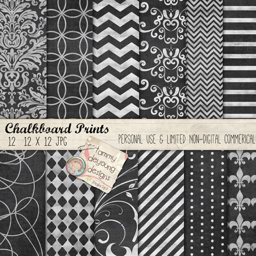 Digital Chalkboard Papers, Black and White Patterns, Damask, Fleur De ...