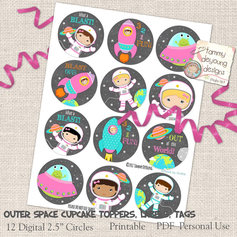 Outer Space Tags for Girls Cosmic Cupcake Toppers 2.5 Inch | Etsy