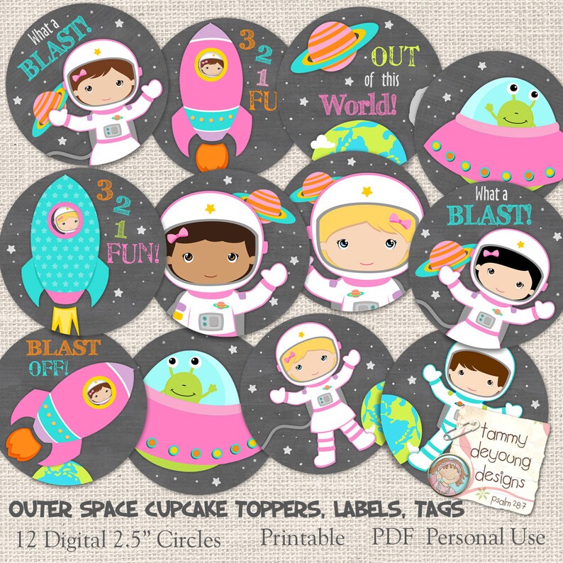 Outer Space Tags for Girls Cosmic Cupcake Toppers 2.5 Inch | Etsy