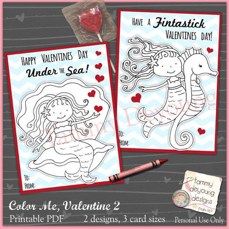 Mermaid Valentine Card for Girls coloring Valentine for Kids - Etsy