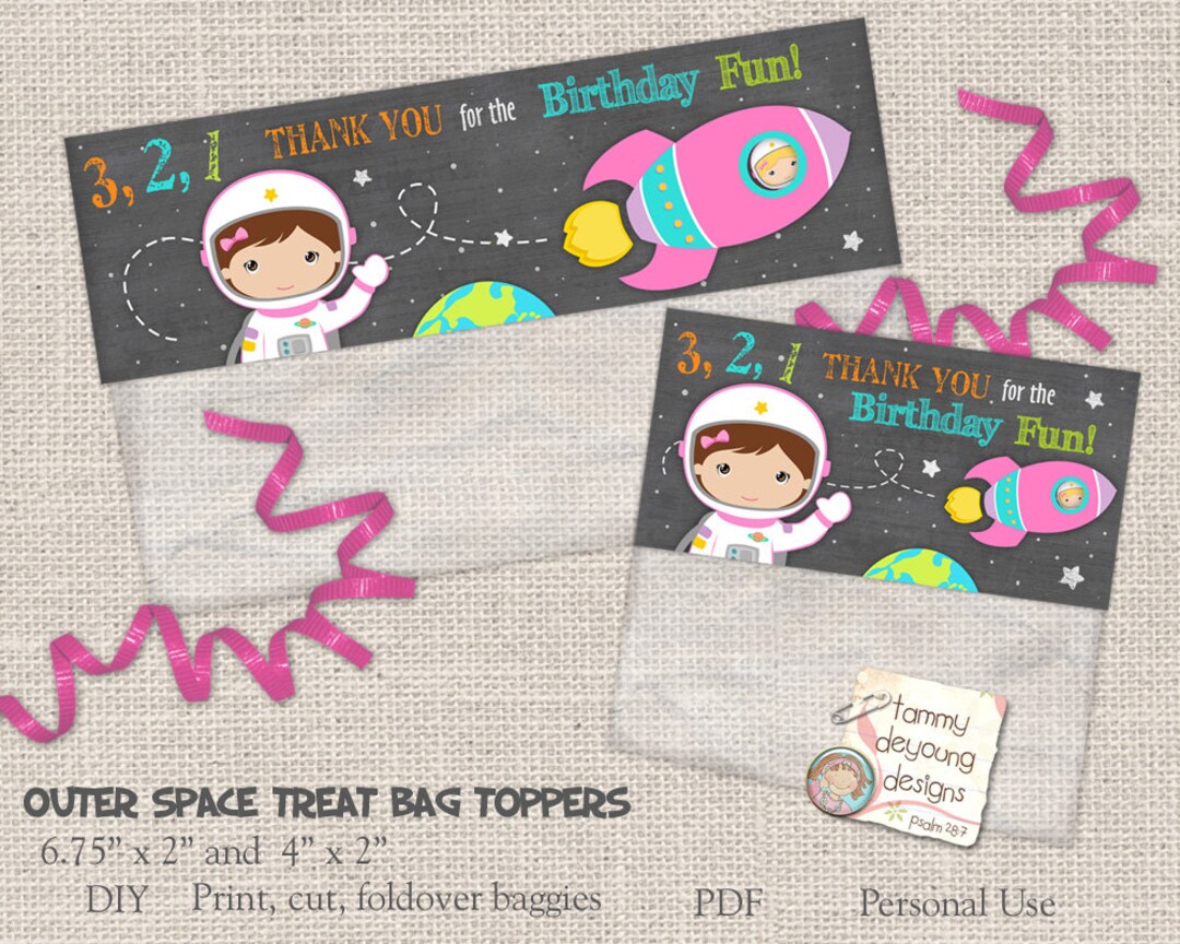 Girls Outer Space Treat Bag Toppers, Girl Astronaut Birthday Party ...