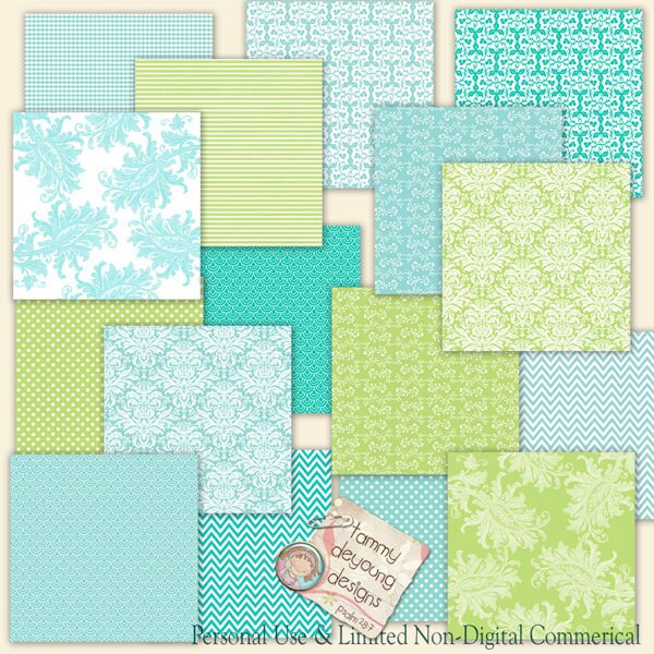 Damask Digital Paper Pack Green and Blue Pattern Backgrounds | Etsy