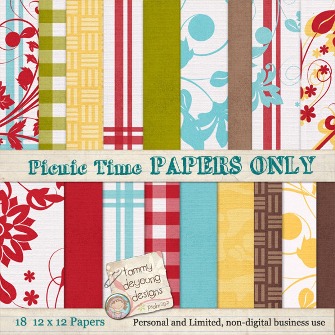 Digital Paper, Summer Picnic Scrapbook Papers With Retro Tablecloth ...