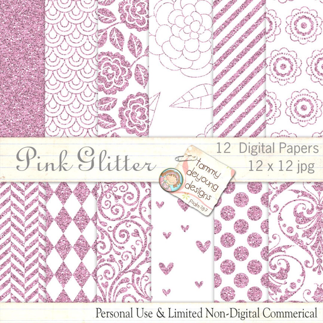 Pink Glitter Digital Paper, Faux Glitter Backgrounds Bling With Hearts ...