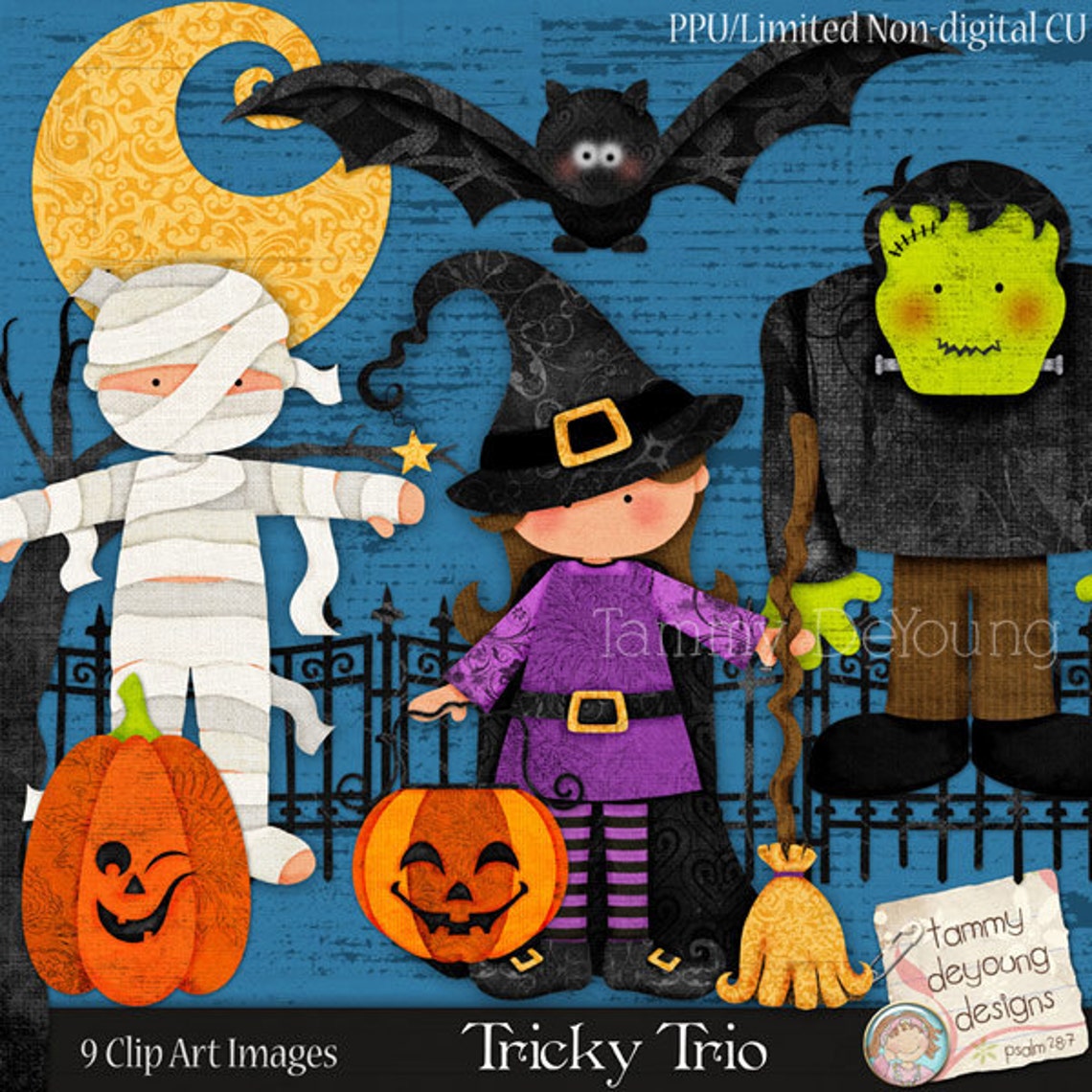 Cute Halloween Clip Art, Digital Mummy, Witch, Frankenstein, Bat ...