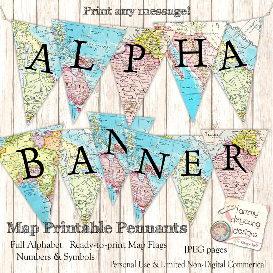 Map Banner Garland, Digital Map Party Pennant Flags, Full Alphabet You ...