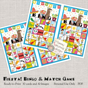 Fiesta Bingo Game, Printable Mexican Fiesta Birthday Party, Kids' Bingo ...