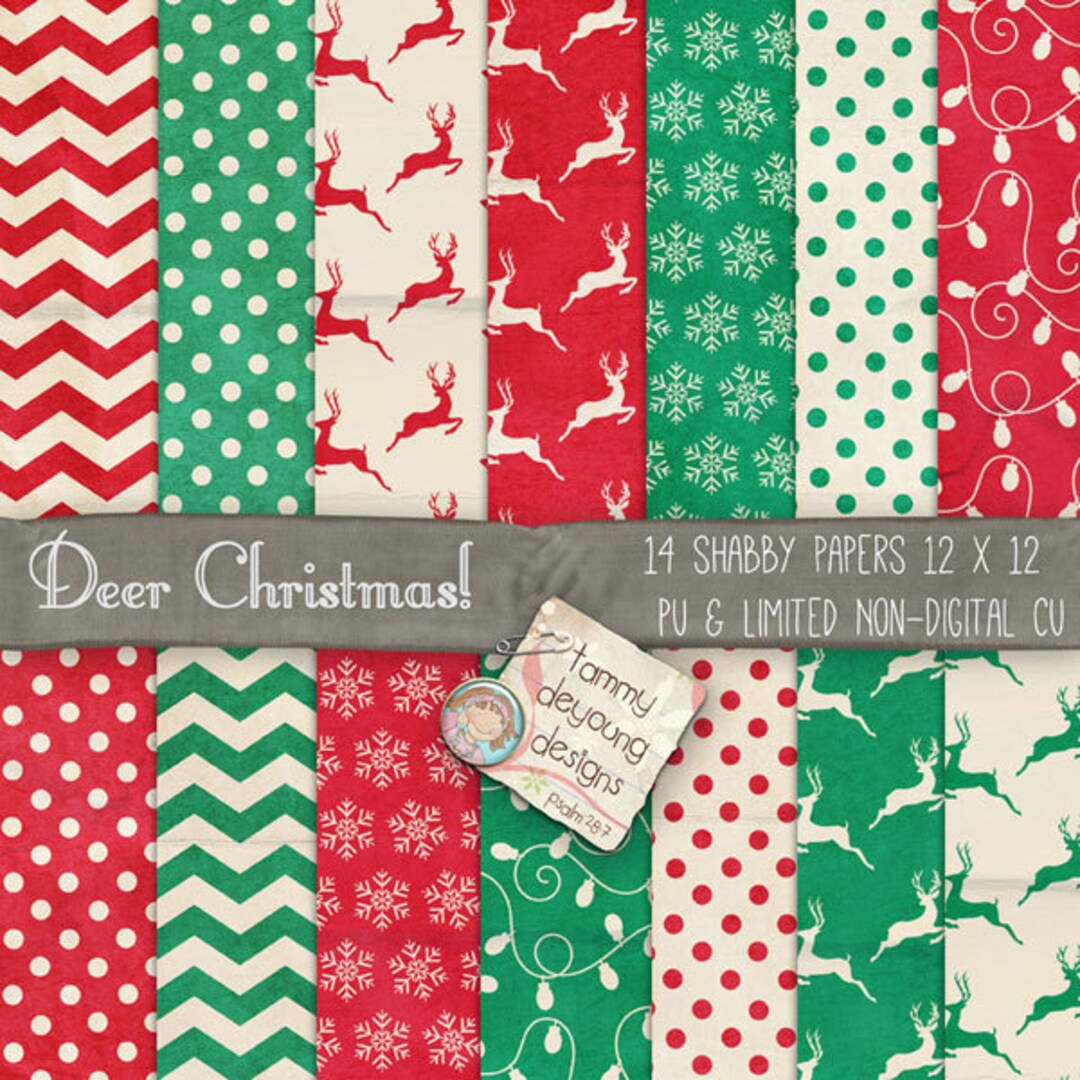 Red & Green Christmas Digital Papers Shabby Retro Vintage Style ...