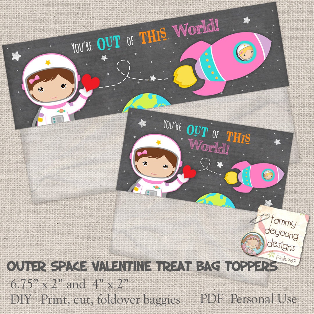 Valentines for Kids, Outer Space Valentine Treat Bag Toppers, Girl ...