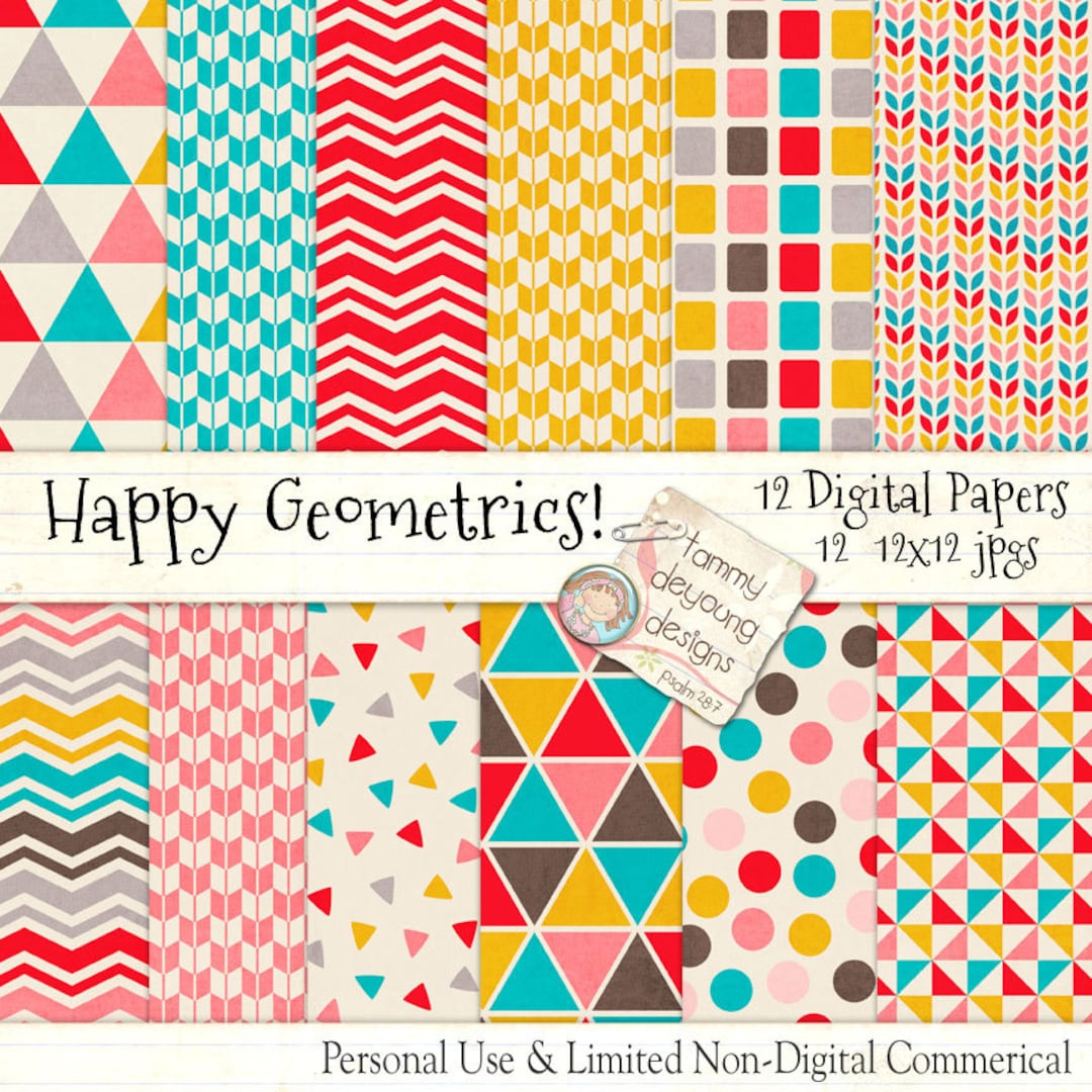Geometric Digital Paper, Retro Digital Backgrounds in Bright Turquoise ...