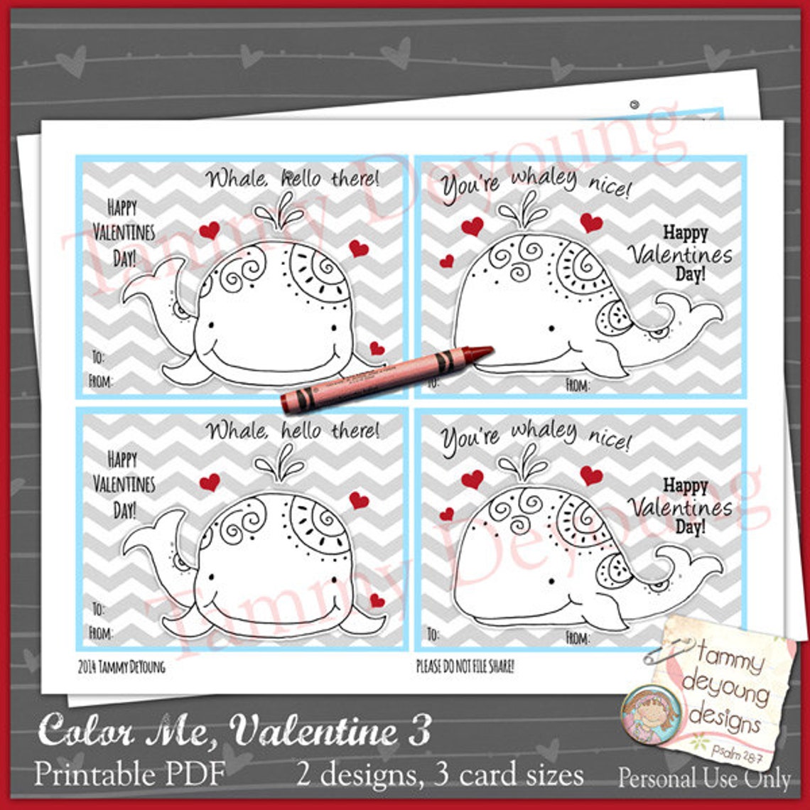 Coloring Valentine Cards for Kids Whale Valentines Day Tags - Etsy