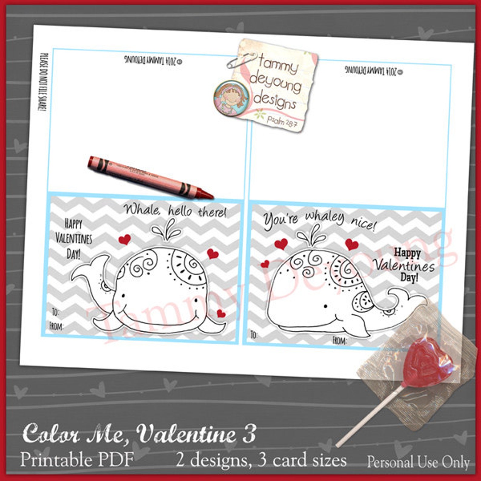 Coloring Valentine Cards for Kids Whale Valentines Day Tags - Etsy