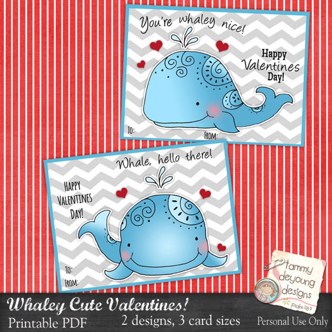 Whale School Valentines for Boys and Girls, DIY Printable Valentine ...
