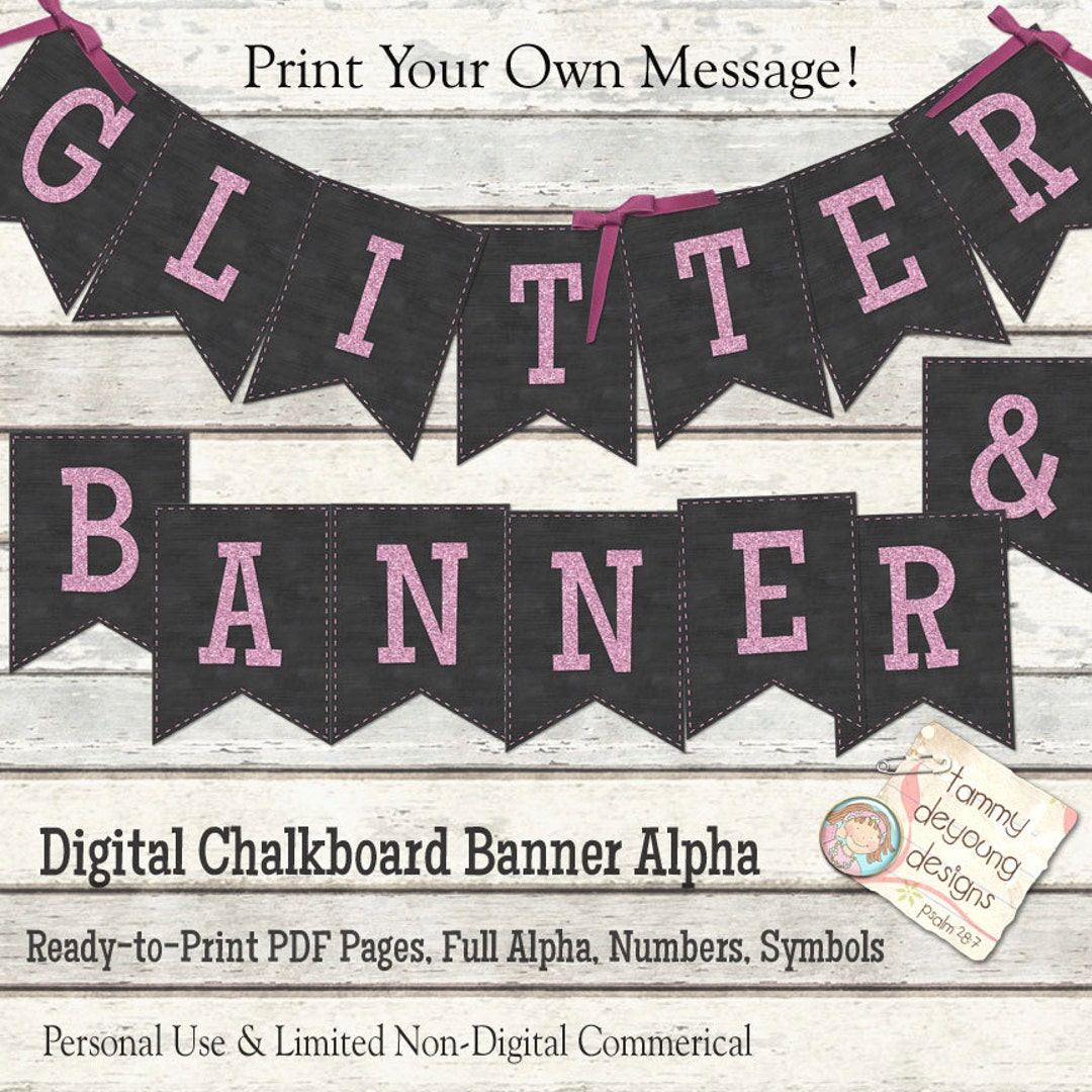 Printable Pink Glitter Banner, Chalkboard Pennants Pink Alphabet ...