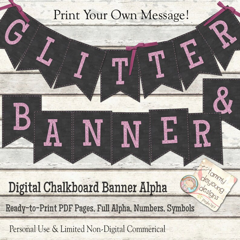 Printable Pink Glitter Banner, Chalkboard Pennants Pink Alphabet ...