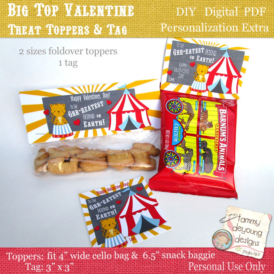 Circus Valentines for Kids, Valentine Tag & Treat Bag Toppers ...