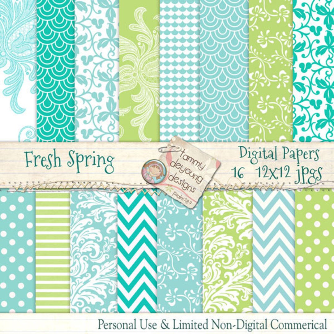Damask Digital Paper Pack Green and Blue Pattern Backgrounds Fresh ...