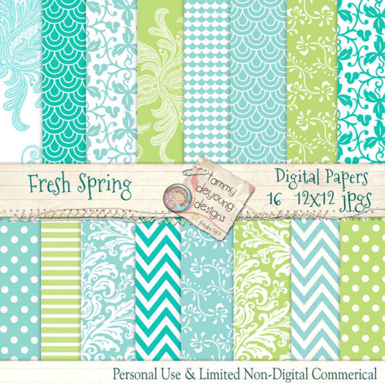 Damask Digital Paper Pack Green and Blue Pattern Backgrounds - Etsy