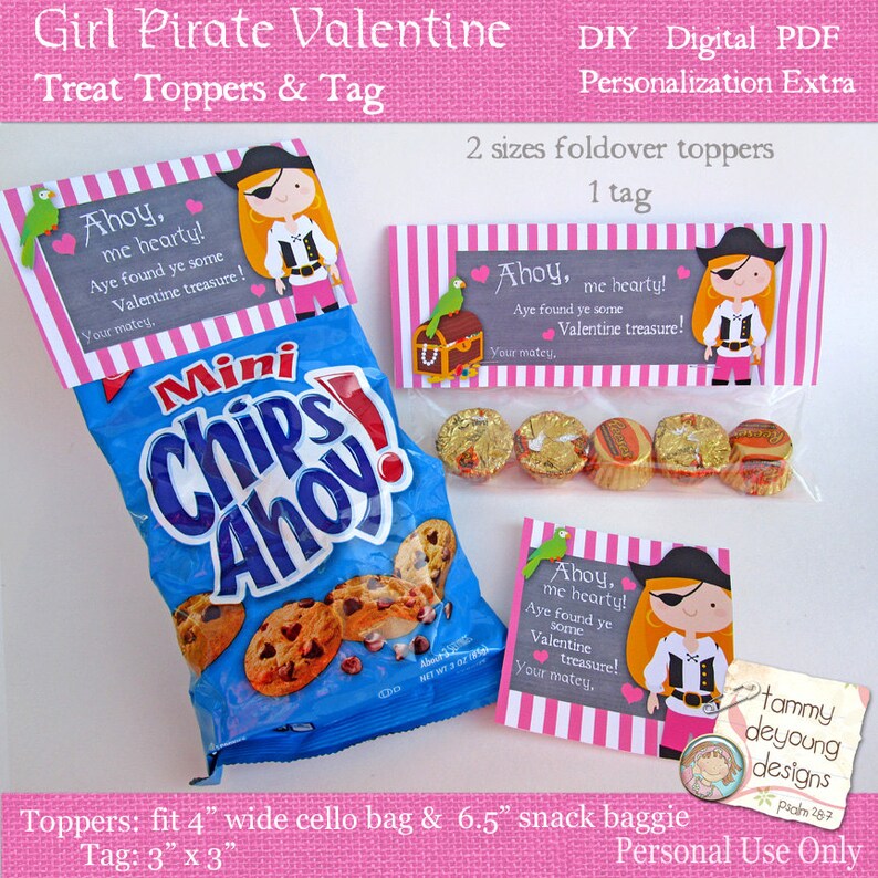 Girl Pirate Valentine Tag & Treat Bag Toppers, DIY Printable Valentines ...