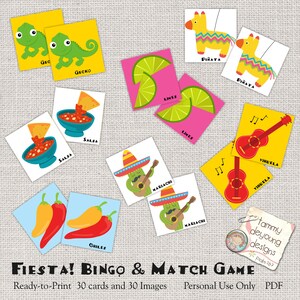 Fiesta Bingo Game, Printable Mexican Fiesta Birthday Party, Kids' Bingo ...
