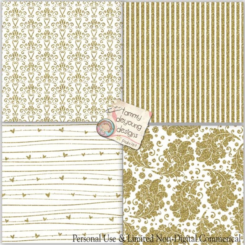 Gold Glitter Digital Paper, Faux Glitter Backgrounds With With Hearts ...