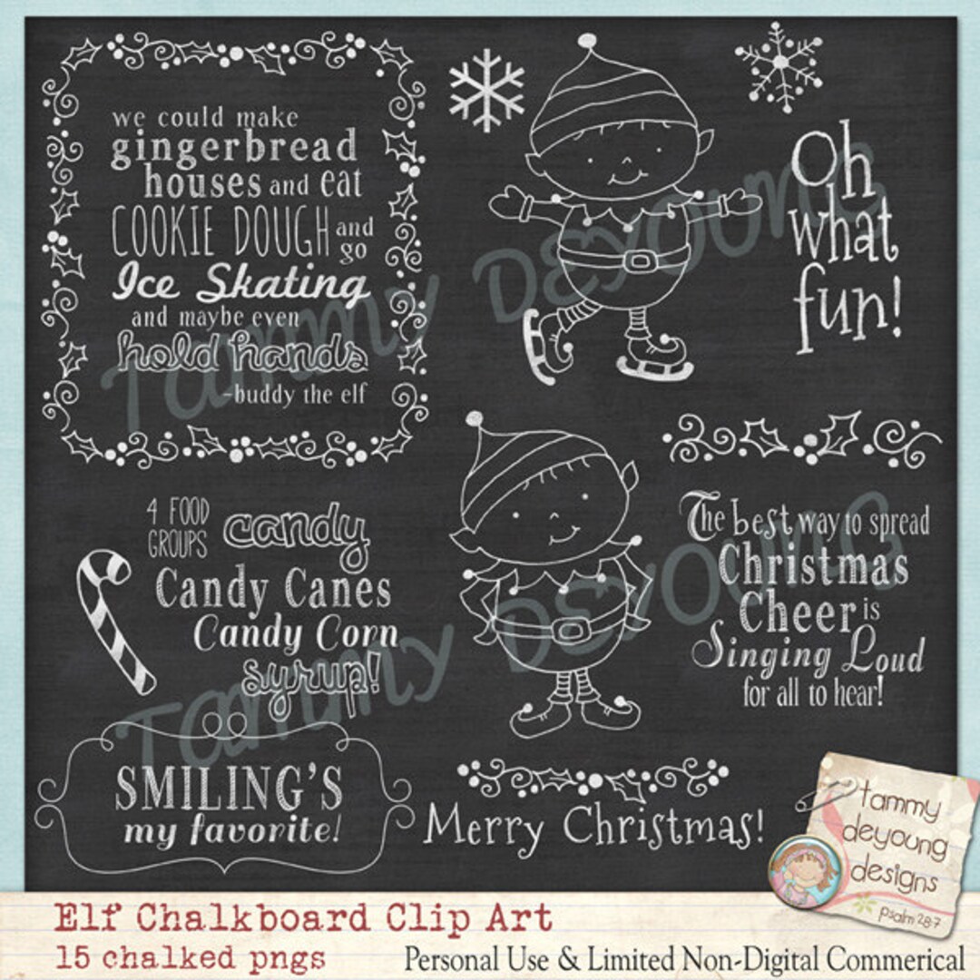 Elf Christmas Chalkboard Clip Art Digital Images for Cards, Invitations ...