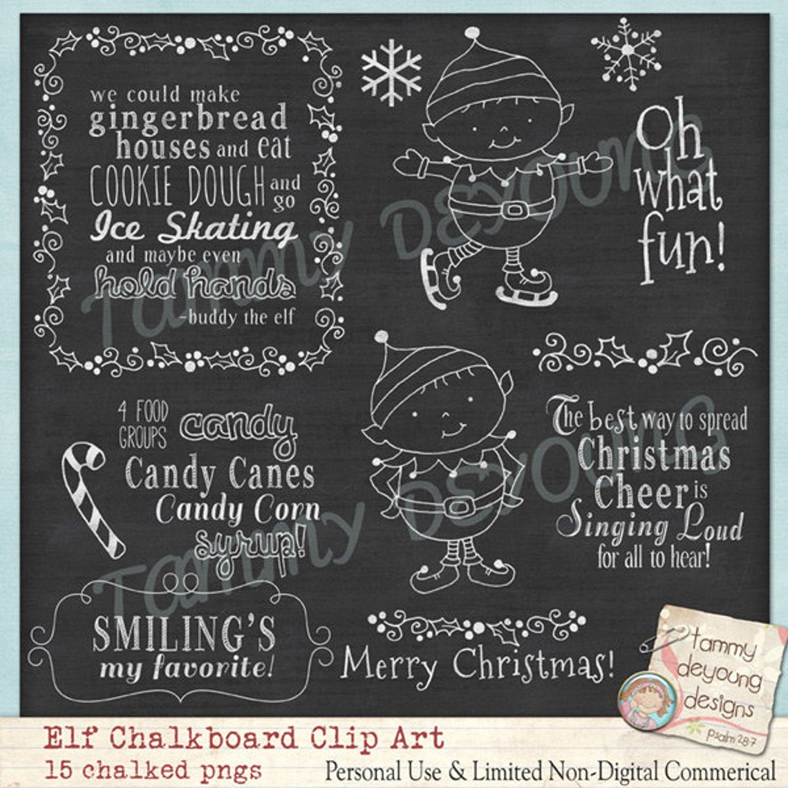 Elf Christmas Chalkboard Clip Art Digital Images for Cards - Etsy
