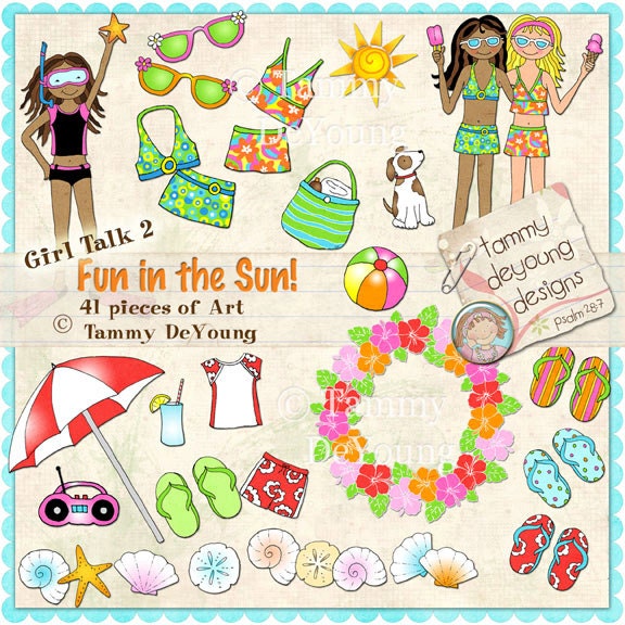 Summer Clip Art beach Clipart Surfing Tween Girls | Etsy