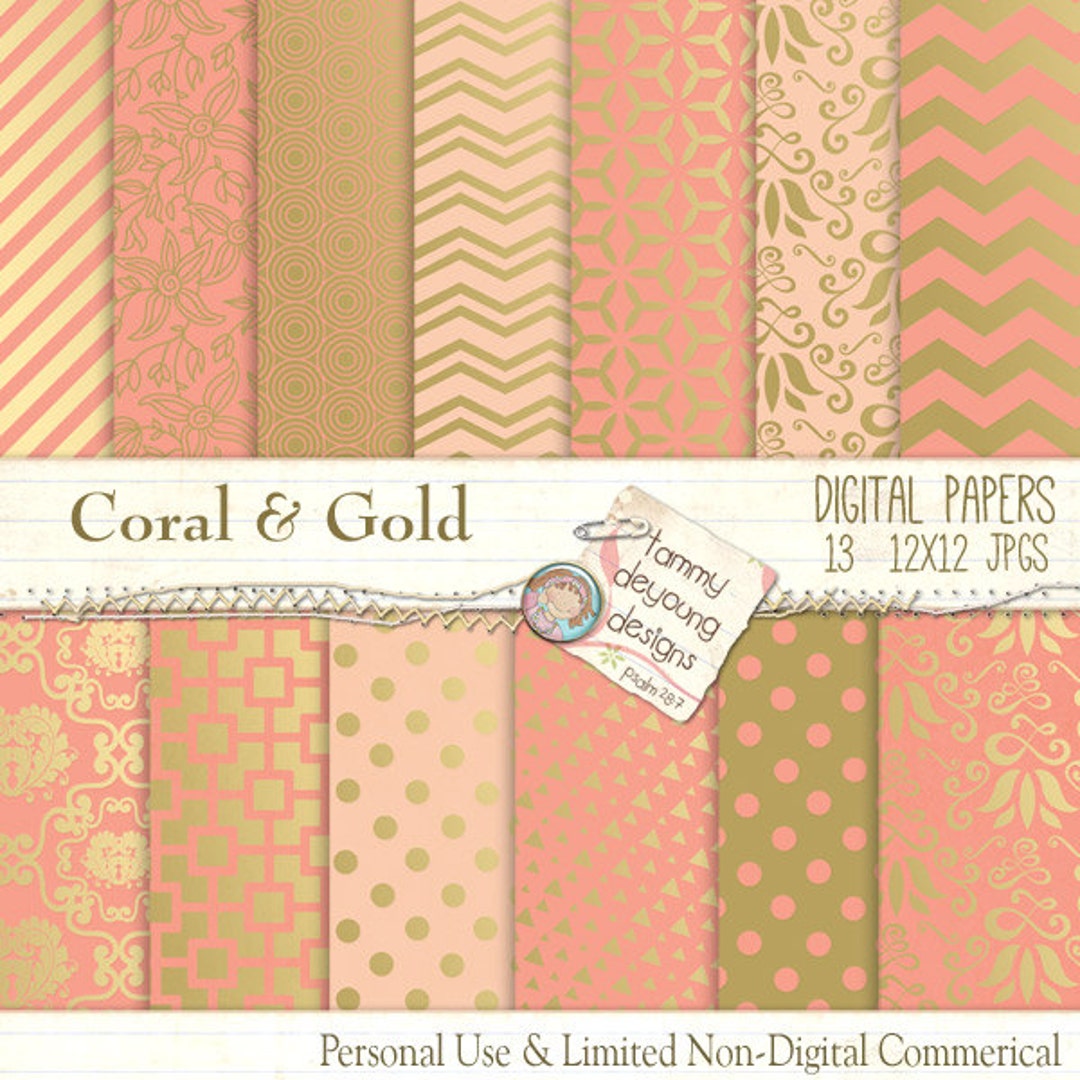 Shiny Coral & Gold Digital Paper *coral and Gold Wedding* Metalic Paper ...