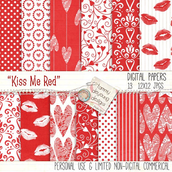 Valentine Digital Papers Red and White Digital Paper wedding | Etsy