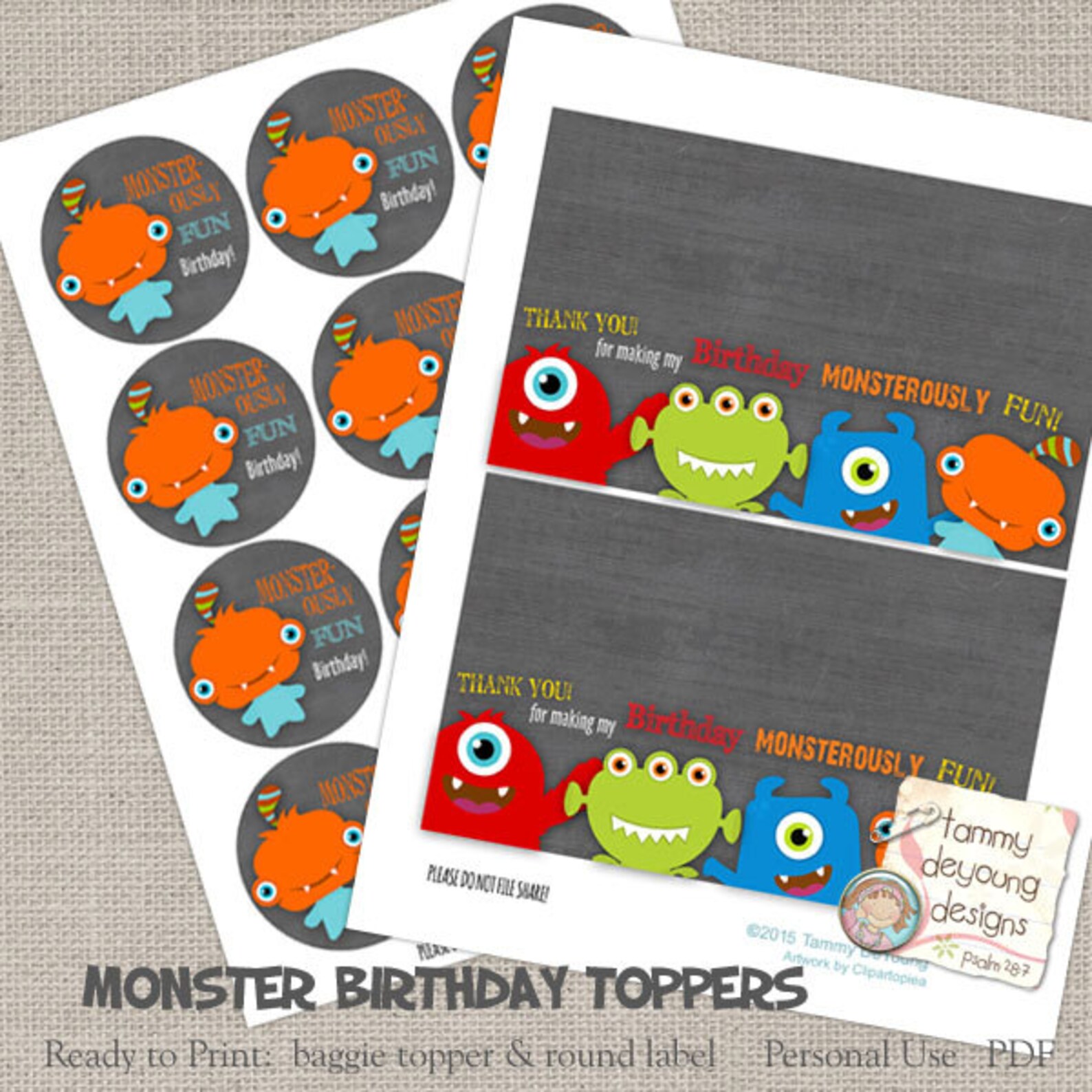 Monster Birthday Treat Bag Toppers Birthday Tags DIY - Etsy
