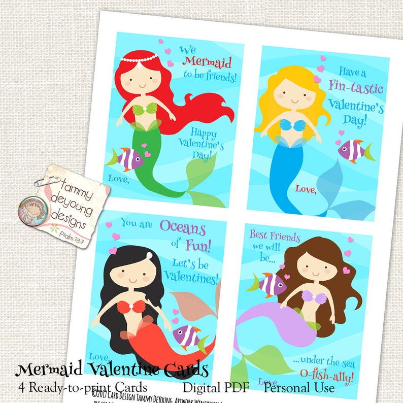 Mermaid Valentine Cards, School Valentines for Girls, Printable ...