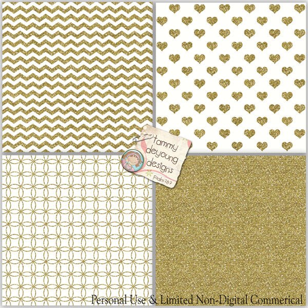 Gold Glitter Digital Paper, Faux Glitter Backgrounds With With Hearts ...
