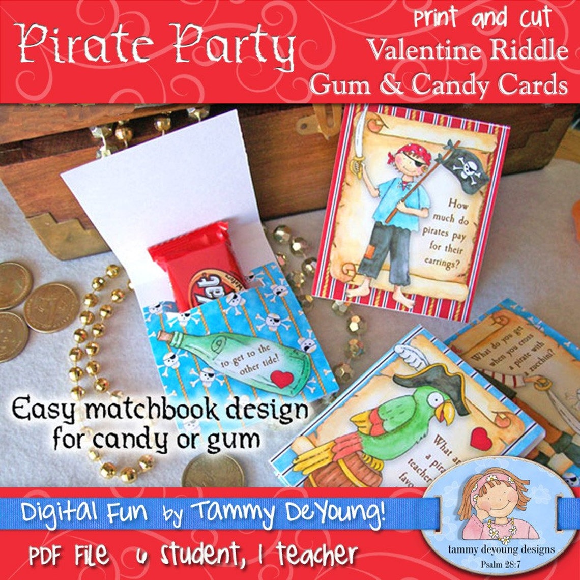 Pirate Valentine Cards for Kids, DIY Printable Valentines Candy Treat ...