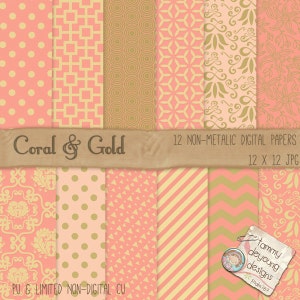 Coral and Gold Digital Paper, Coral Digital Backgrounds NON-METALLIC ...